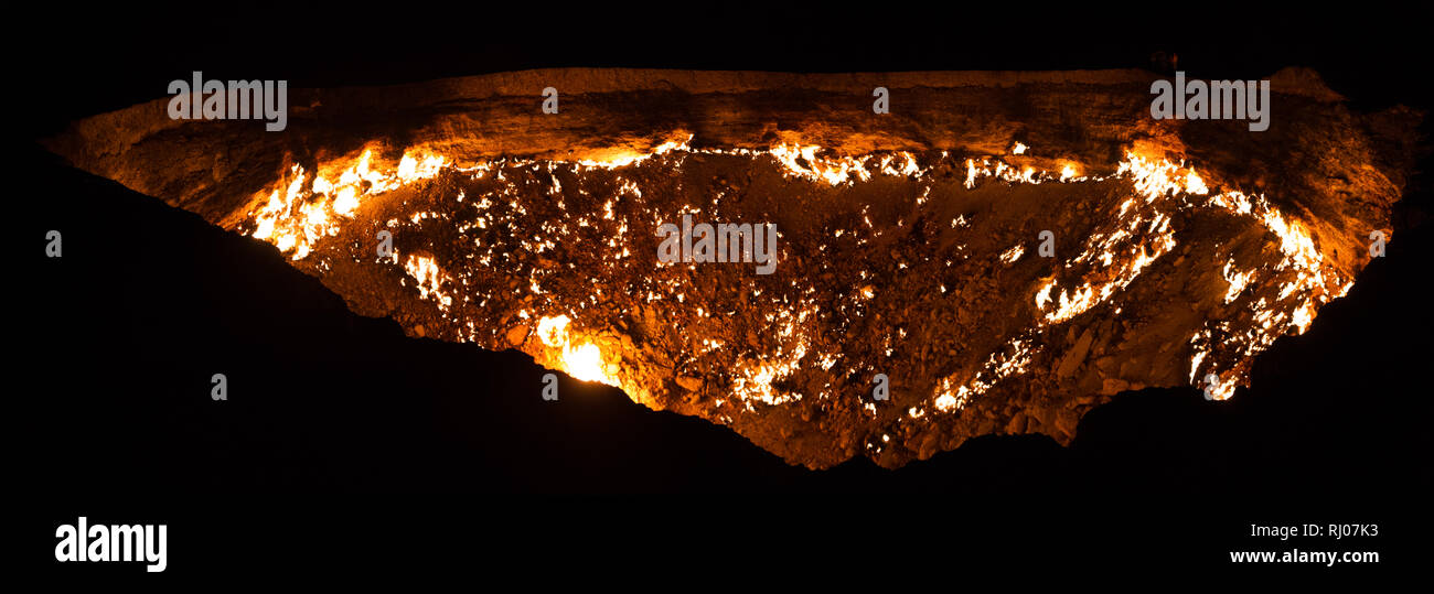 A panoramic shot looking down into The Darvasa Crater, also known as ...