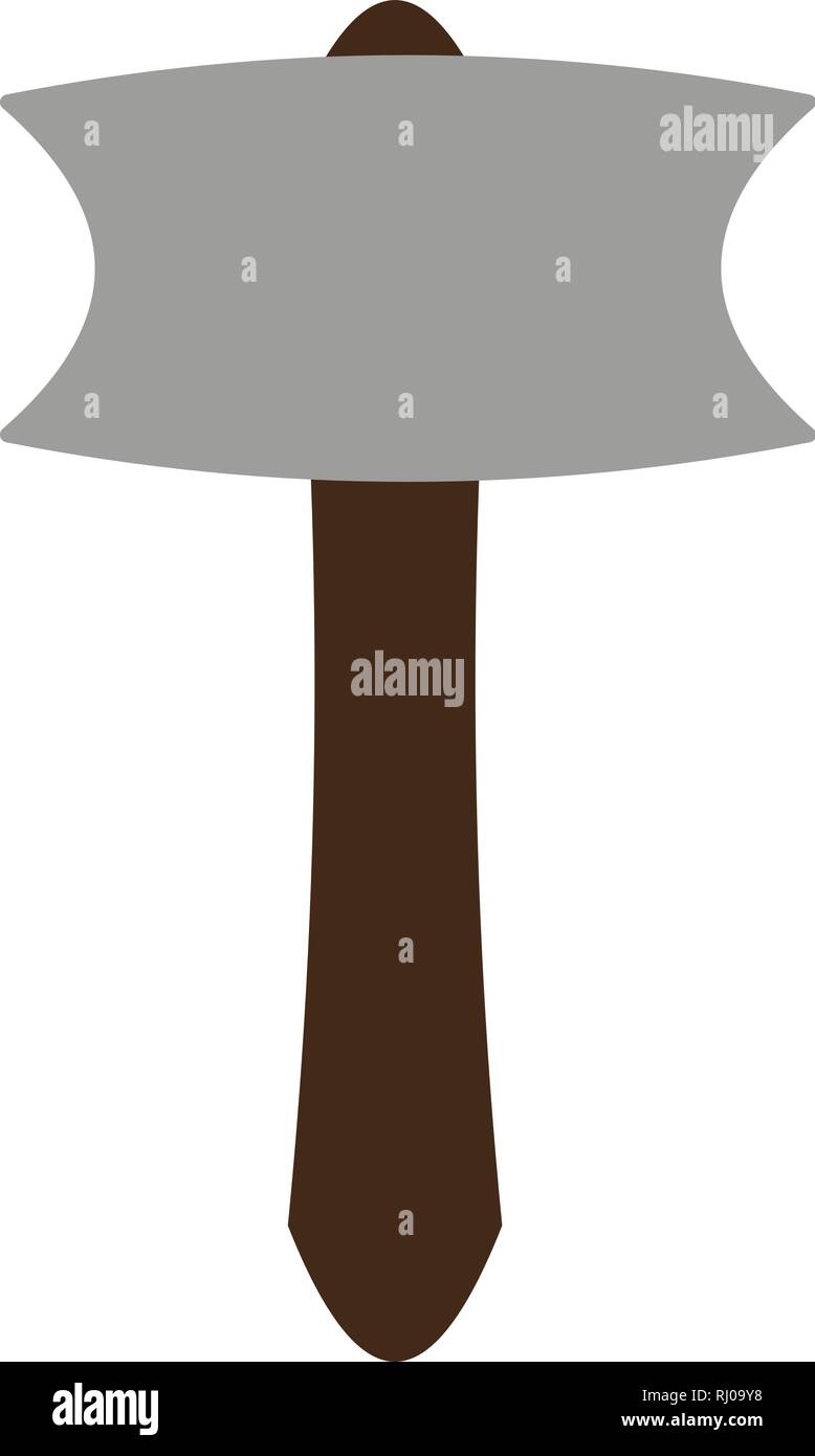 axe with grey metal part and wooden handle. On the blade chipped ...