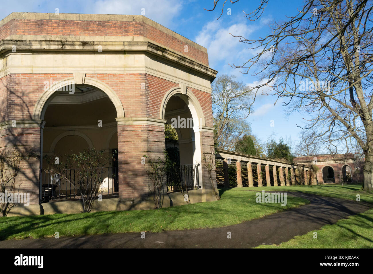 Hexagonal red brick building and Colonnade in The Valley Gardens ...