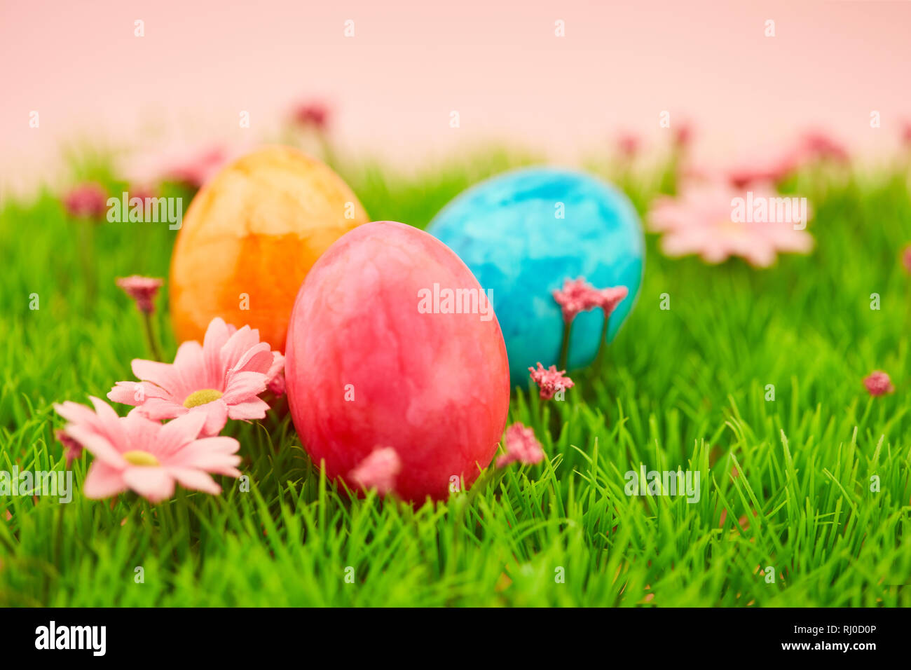 Three colorful easter eggs in spring as an easter background Stock ... Three colorful easter eggs in spring as an easter background Stock ...