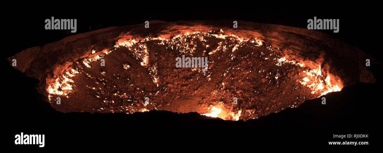 A panoramic shot looking down into The Darvasa Crater, also known as ...