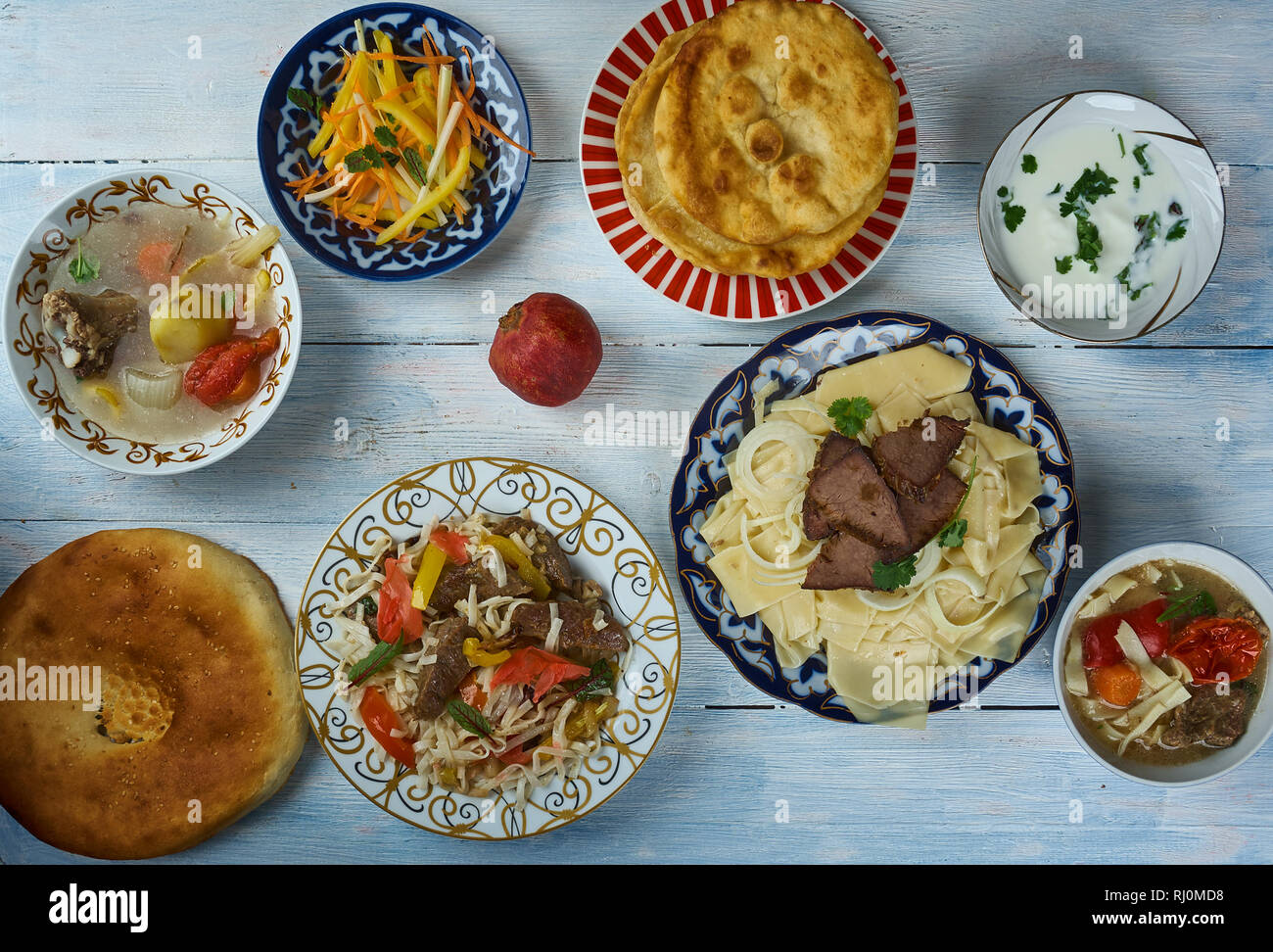 Kazakh cuisine, Traditional assorted dishes Kazakhstan, Top view Stock ...