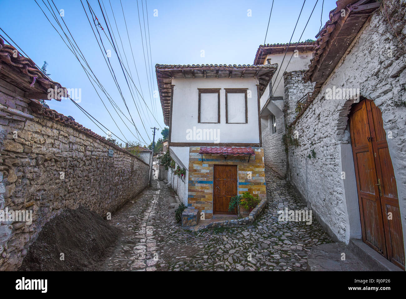 Berat, Albania - Old town, historic city .Tiny stone streets with white ...