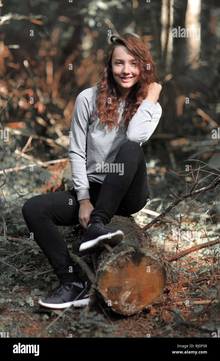 Caucasian Woman Sitting Log Wood High Resolution Stock Photography and ...