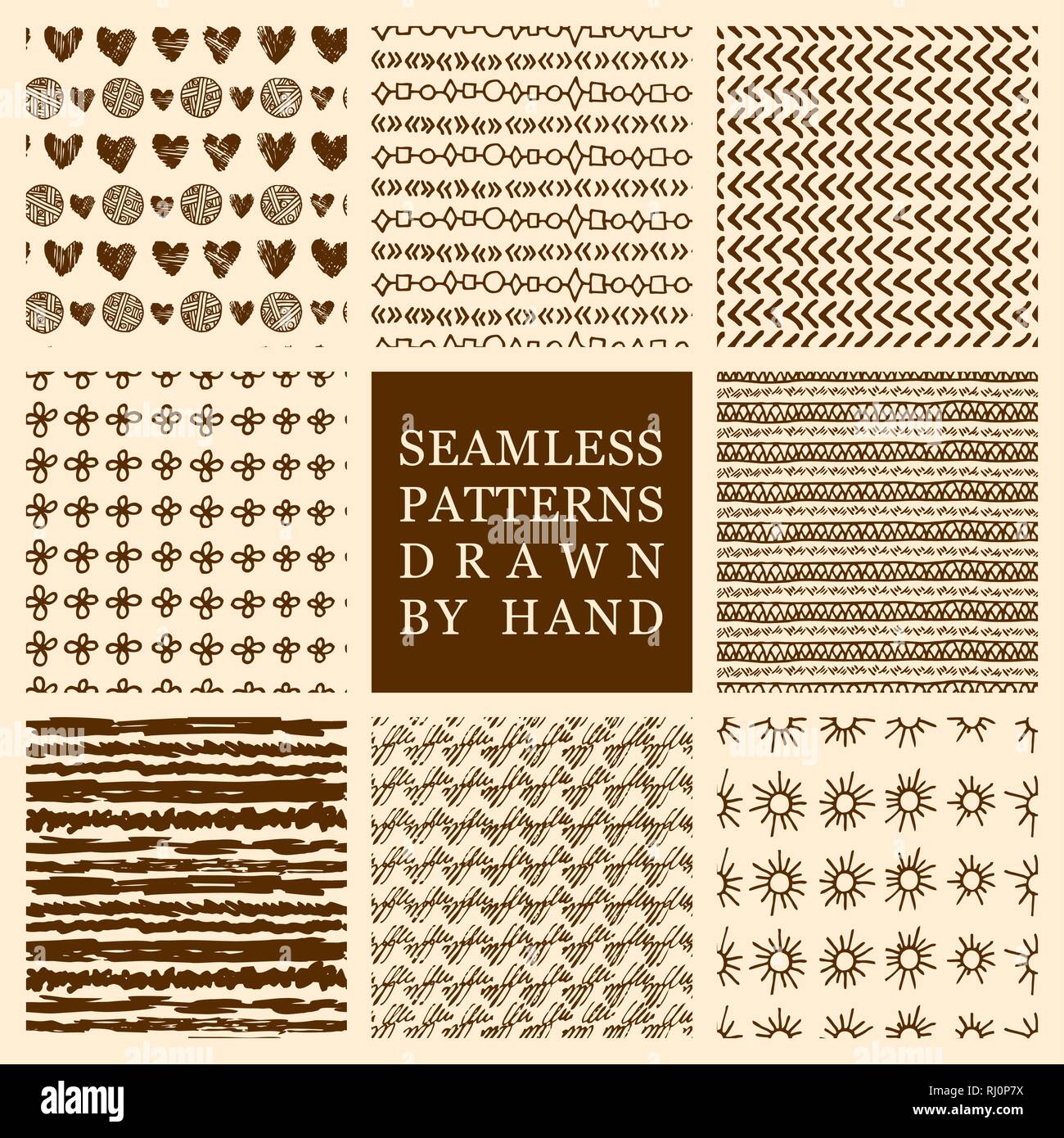 Vector set of hand drawn seamless patterns made with ink. Freehand ...