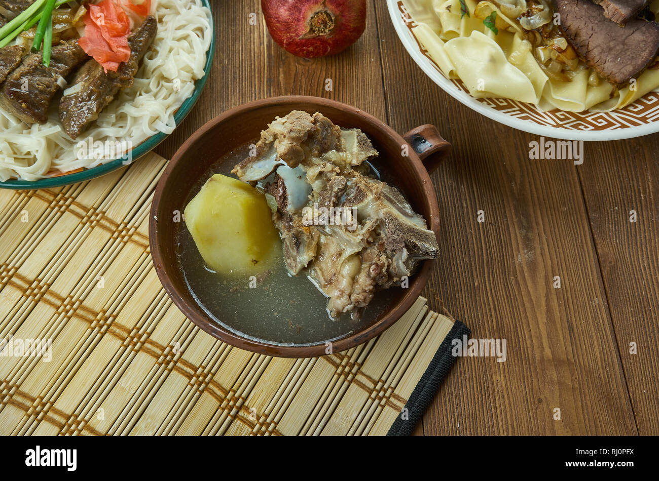 Shorpo , aromatic meat broth, Kyrgyz cuisine, Traditional assorted ...