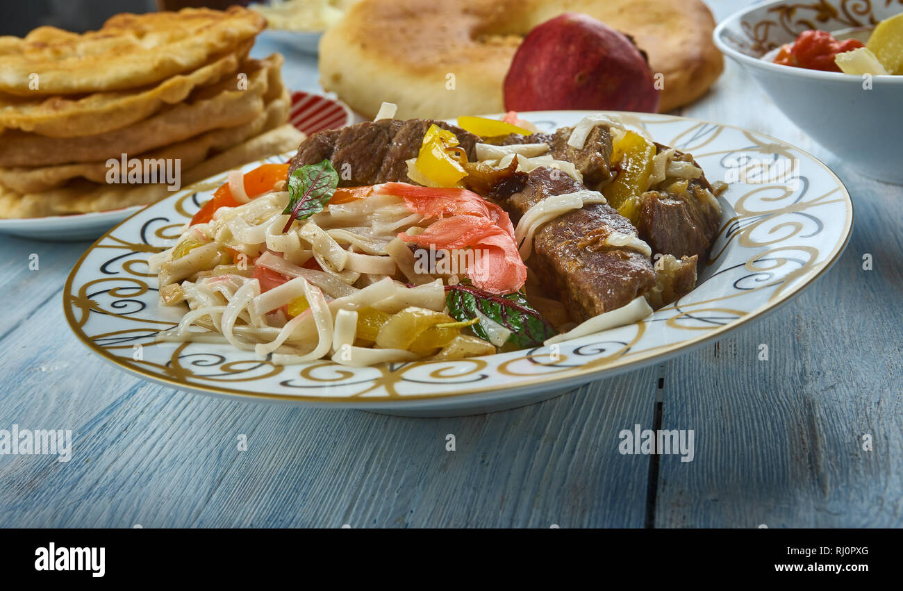 Lagman, Central Asian dish of pulled noodles, meat, and vegetables ...