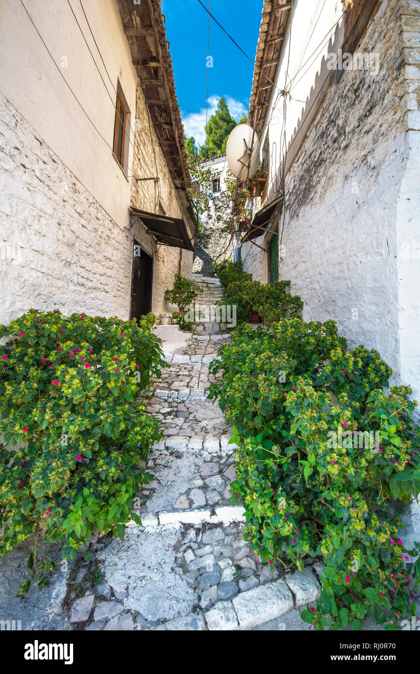 Berat, Albania - Old town, historic city .Tiny stone streets with white ...