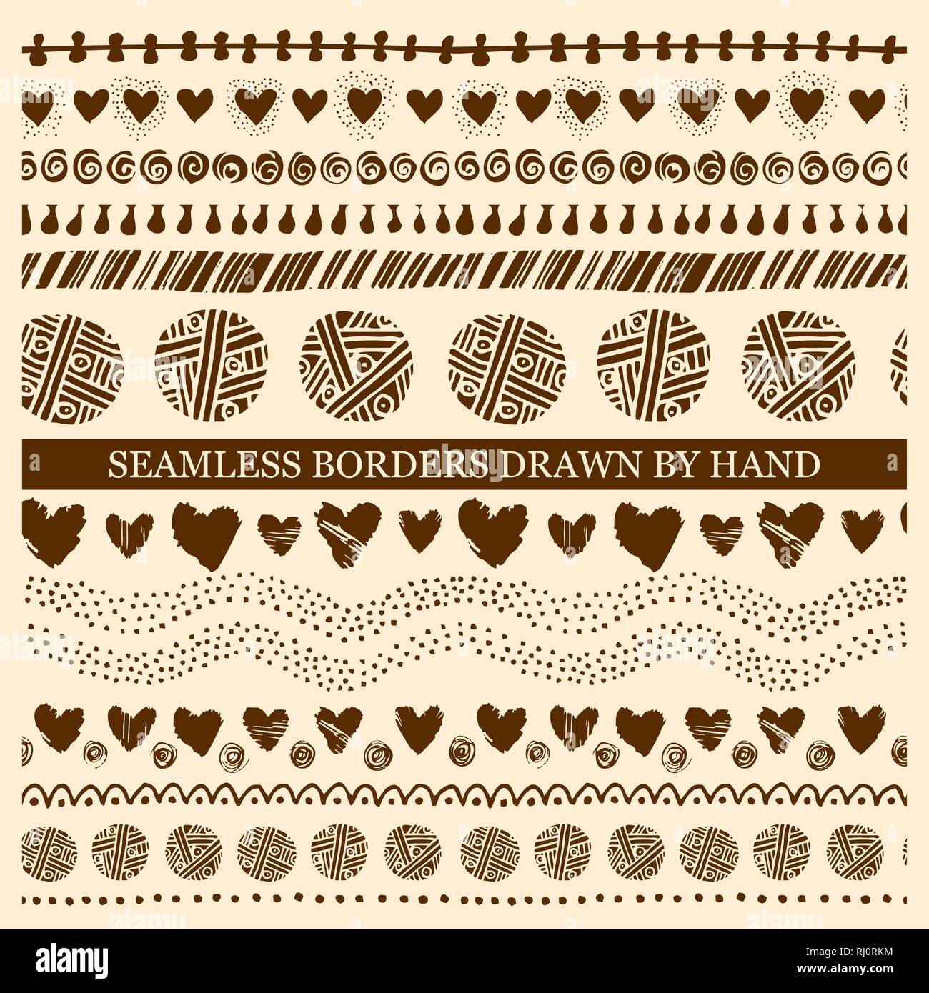 Vector set of hand drawn seamless borders made with ink. Freehand ...