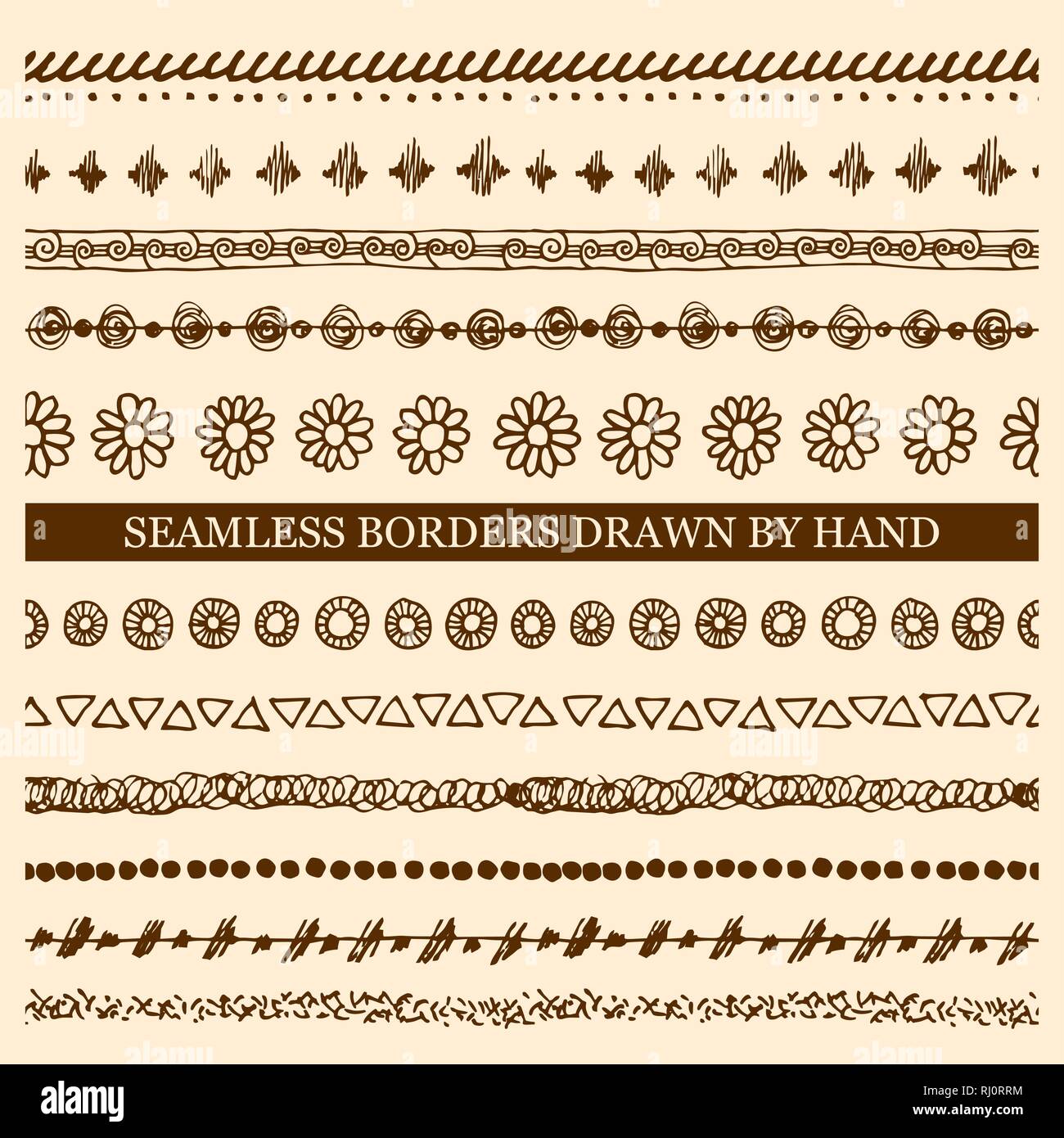 Vector set of hand drawn seamless borders made with ink. Freehand ...