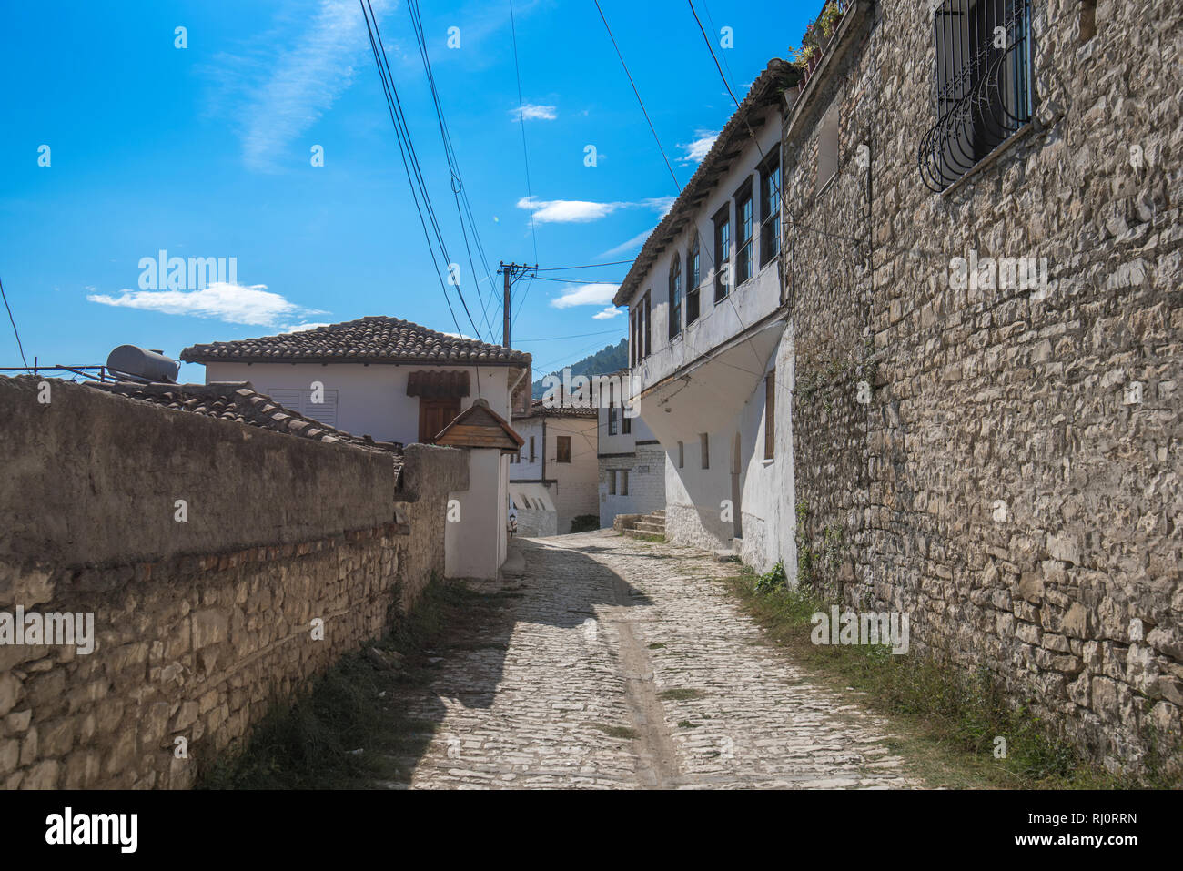 Berat, Albania - Old town, historic city .Tiny stone streets with white ...