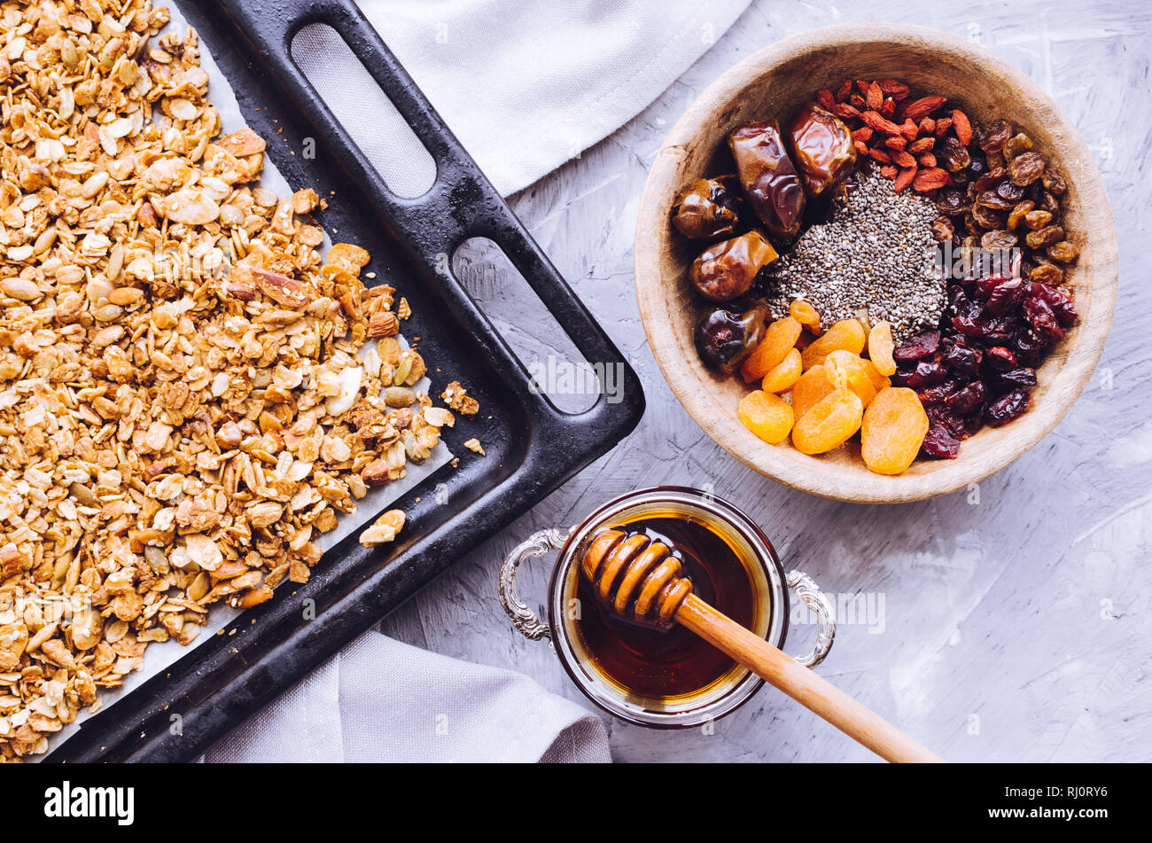 Preparation process of homemade roasted granola on baking sheet with ...
