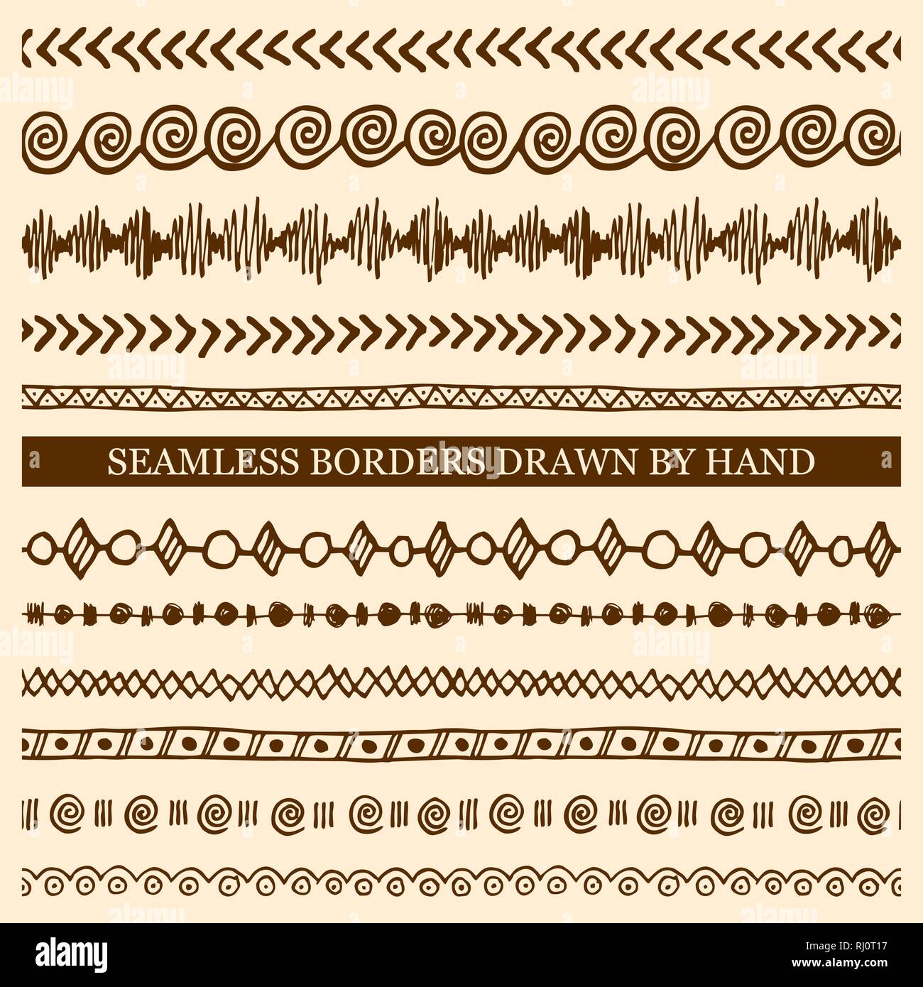 Vector set of hand drawn seamless borders made with ink. Freehand ...