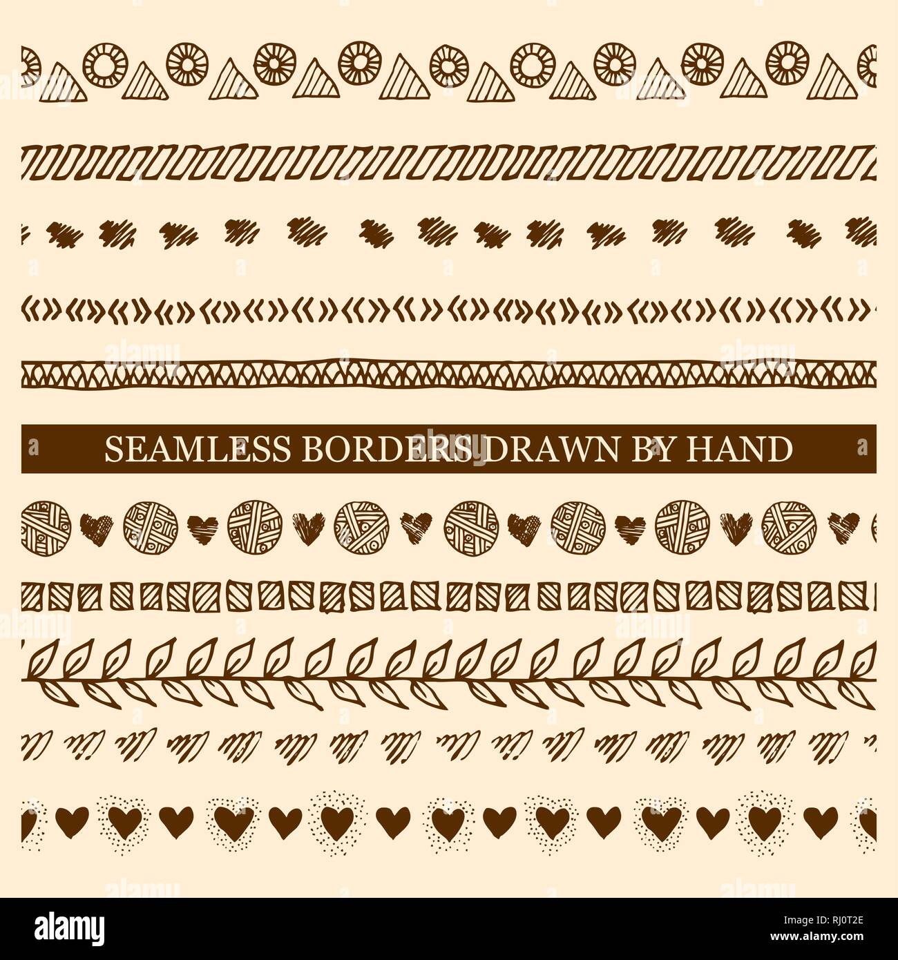 Vector set of hand drawn seamless borders made with ink. Freehand ...