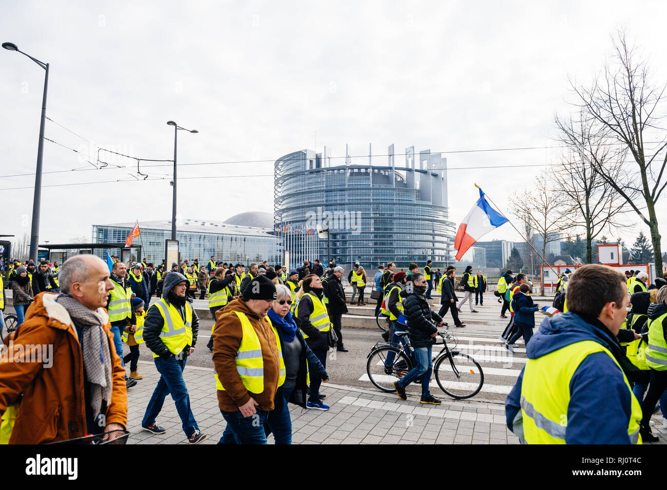 STRASBOURG, FRANCE - FEB 02, 2018: Gilets Jaunes Yellow Vest protesters ...