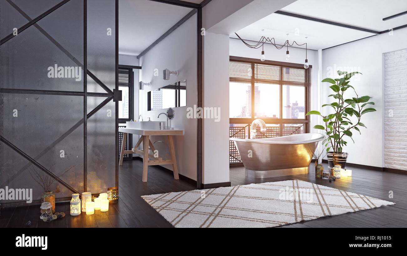 modern loft bathroom design. 3d rendering concept Stock Photo - Alamy