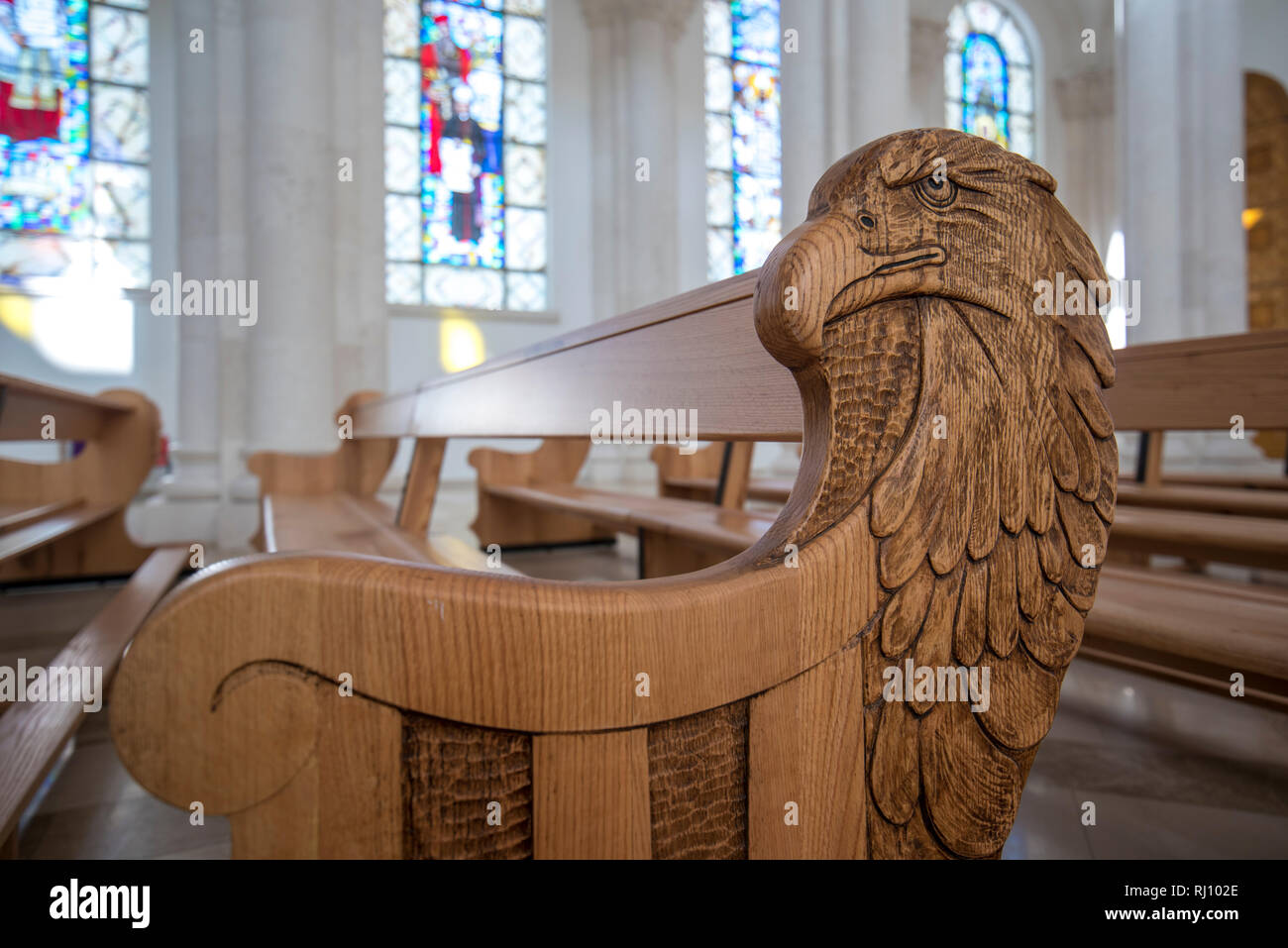 PRISTINA, KOSOVO - Eagle head on a bench. Inside interior of Roman ...