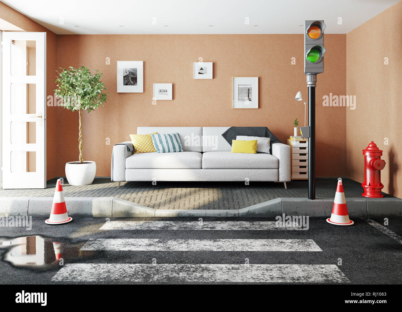 the asphalt road cross the living room. 3d rendering creative concept ...