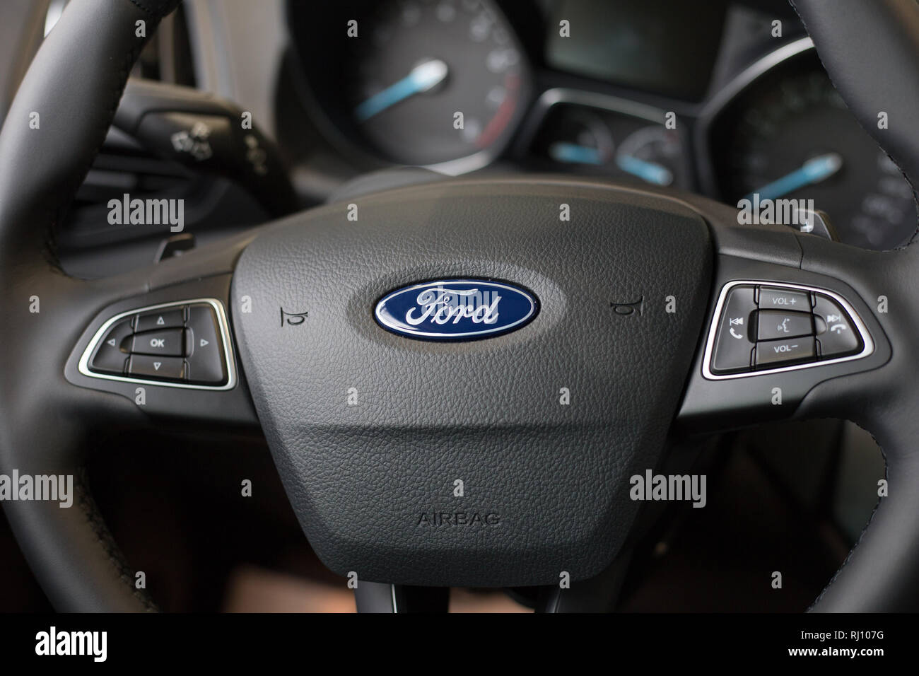 Russia, Izhevsk - January 27, 2019: Showroom Ford. Steering wheel in ...