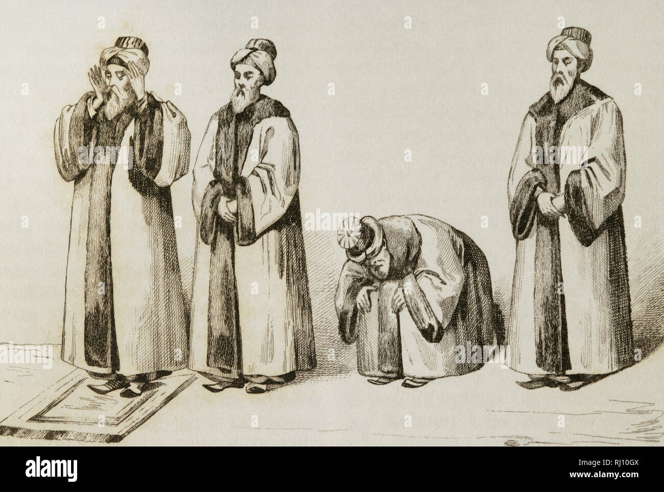 Attitudes of a Muslim during the prayer called Namaz. Engraving ...