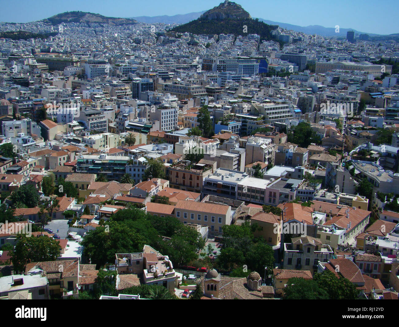 Panoramic view over the densely populated metropolitan area of Athens ...