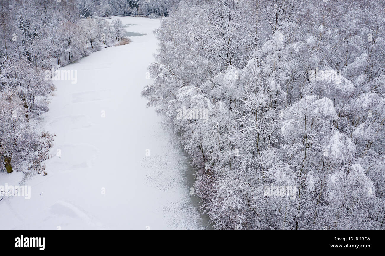 Aerial view of winter beautiful landscape with trees covered with ...