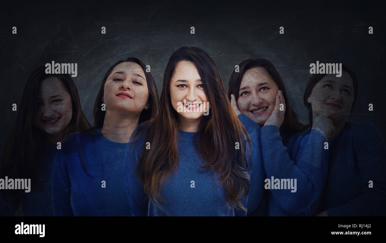 Young woman suffer split emotions into five different inner ...