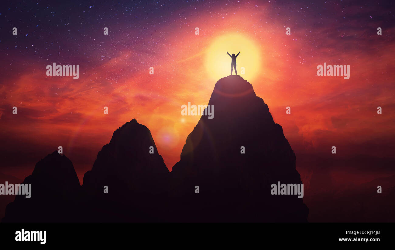 Self overcome concept as a woman climb tall mountains obstacles over ...