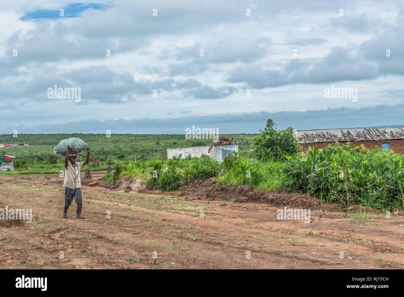 Malange / Angola - 12 08 2018: View of a man loading a bag on head on ...