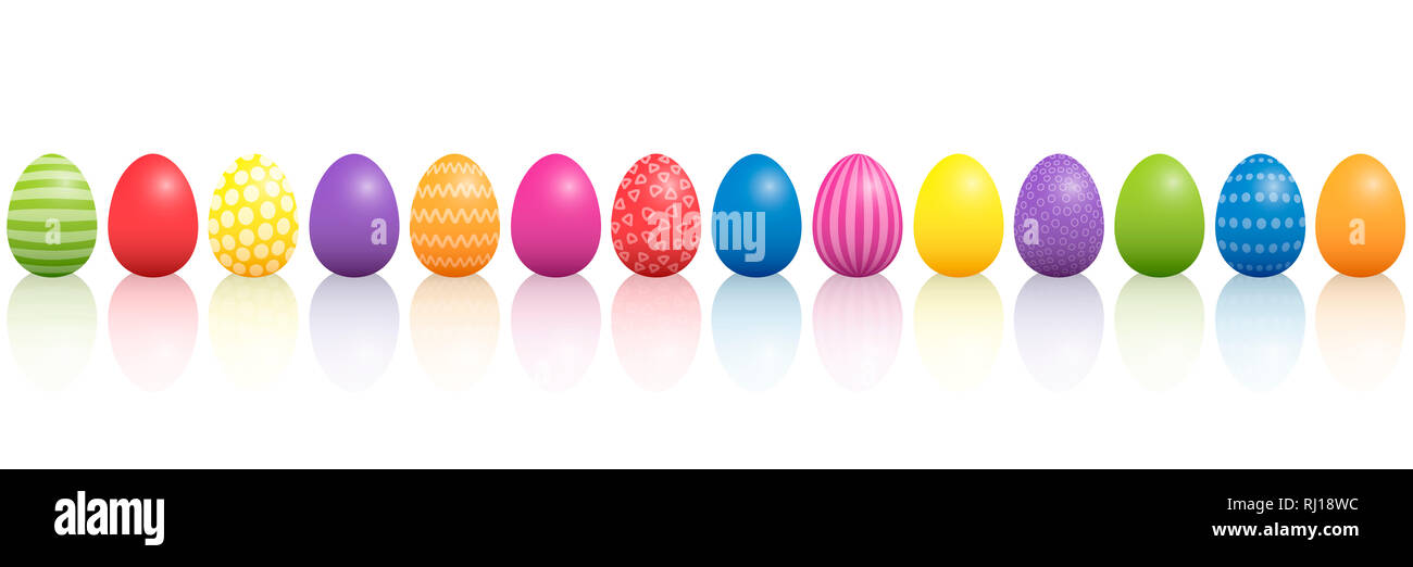 Easter eggs. Lined up colorful mixture with different patterns. Three ...