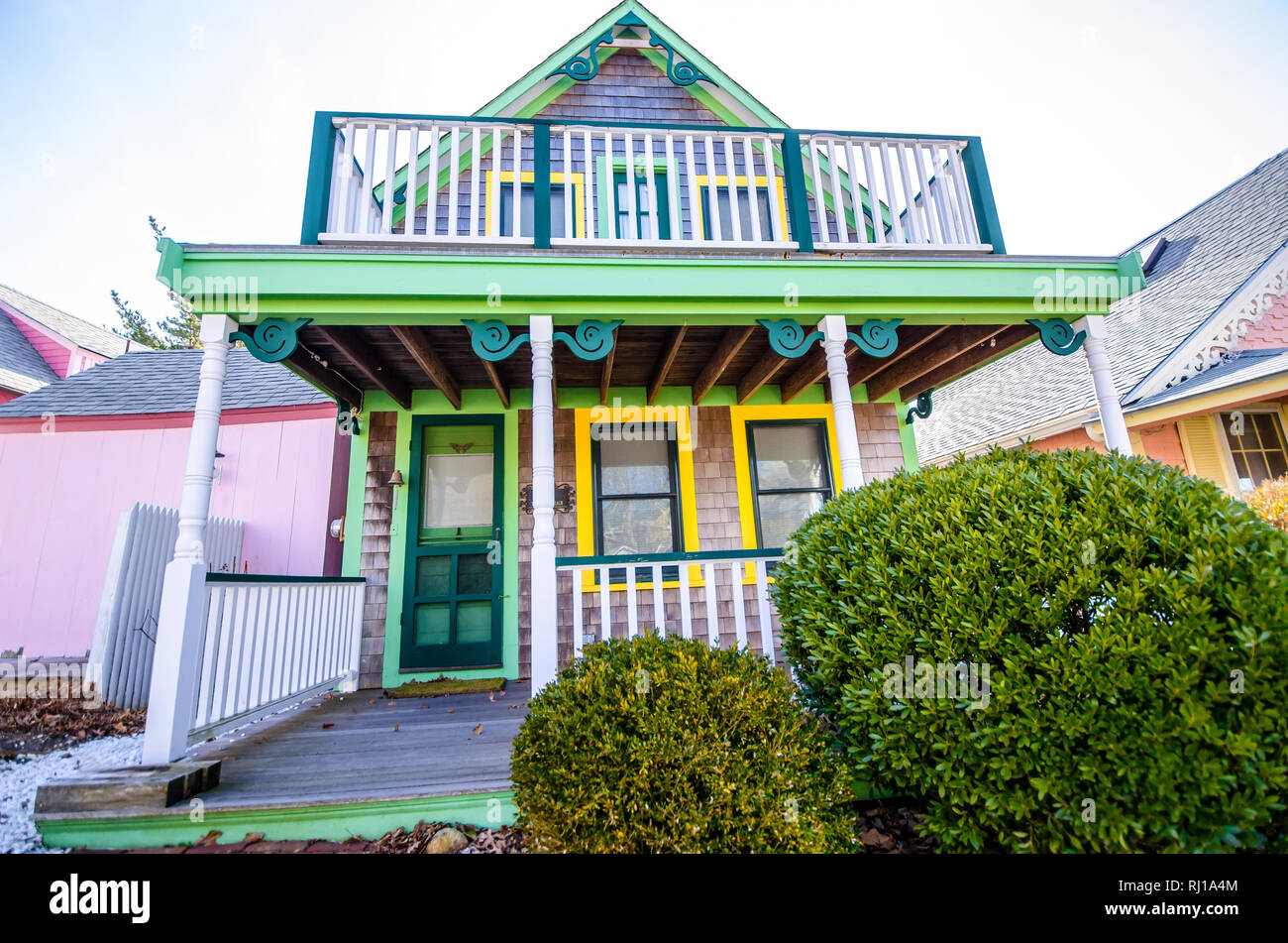 MARTHA'S VINEYARD, MA - April 5, 2018: Carpenter Gothic Cottages with ...
