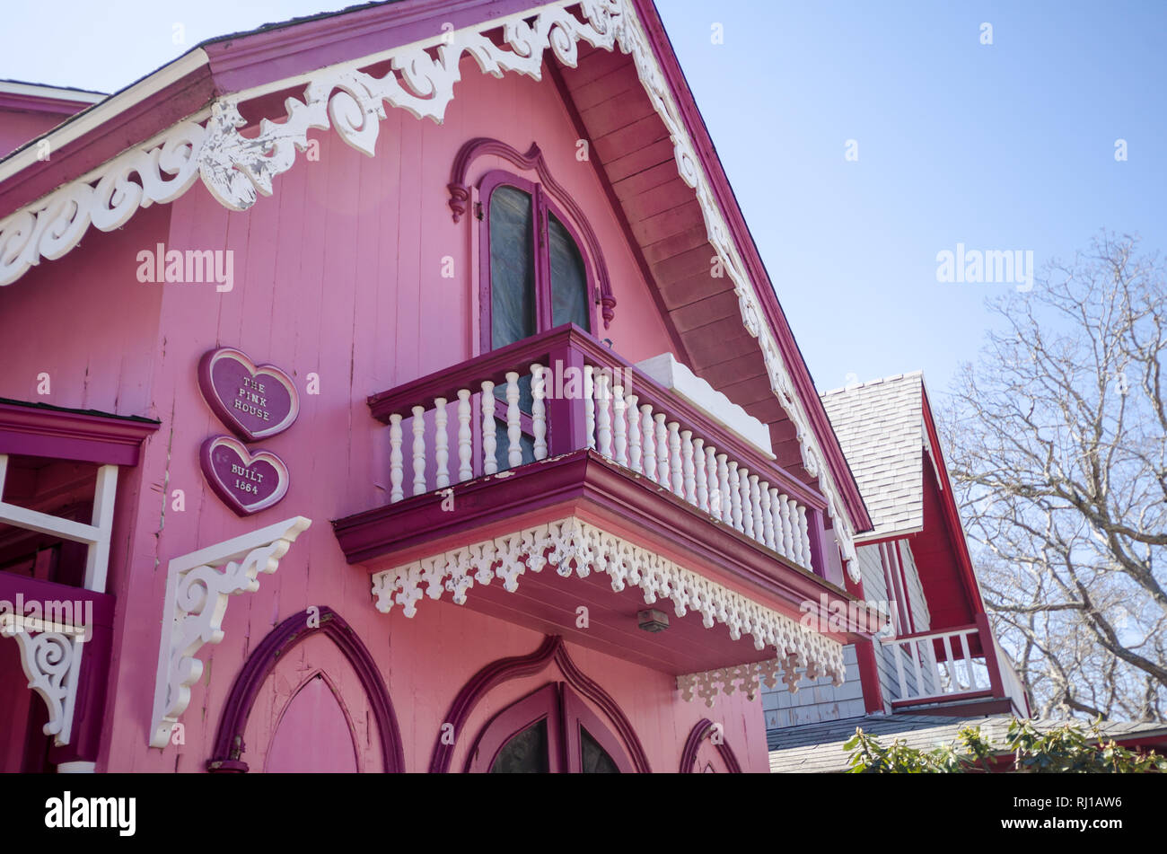 MARTHA'S VINEYARD, MA - April 5, 2018: Pink Carpenter Gothic Cottages ...
