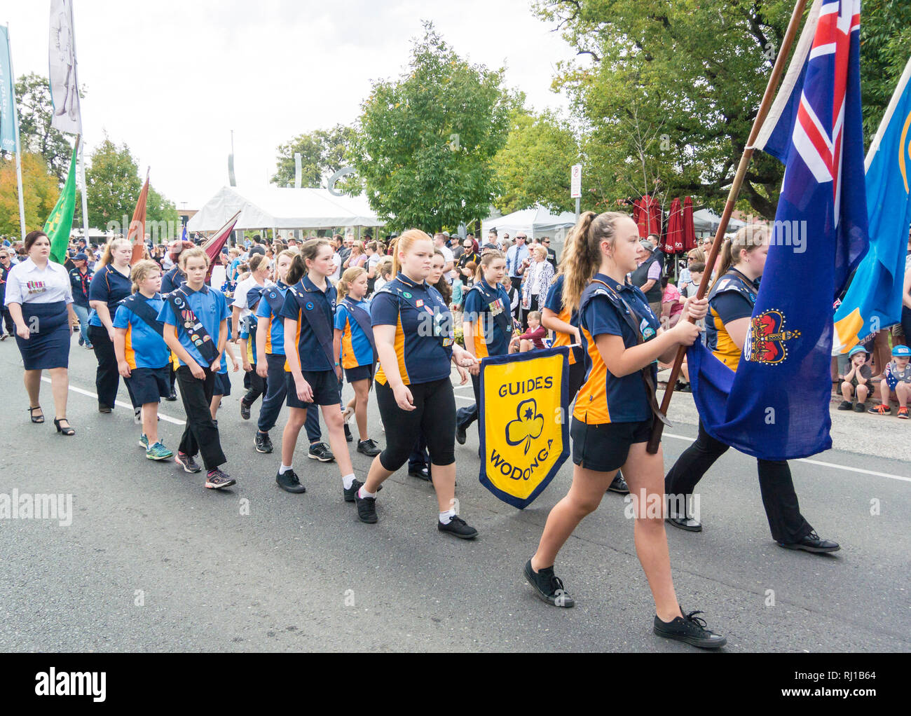 Wodonga Girl Guides marching in the Anzac parade in the city of Wodonga ...