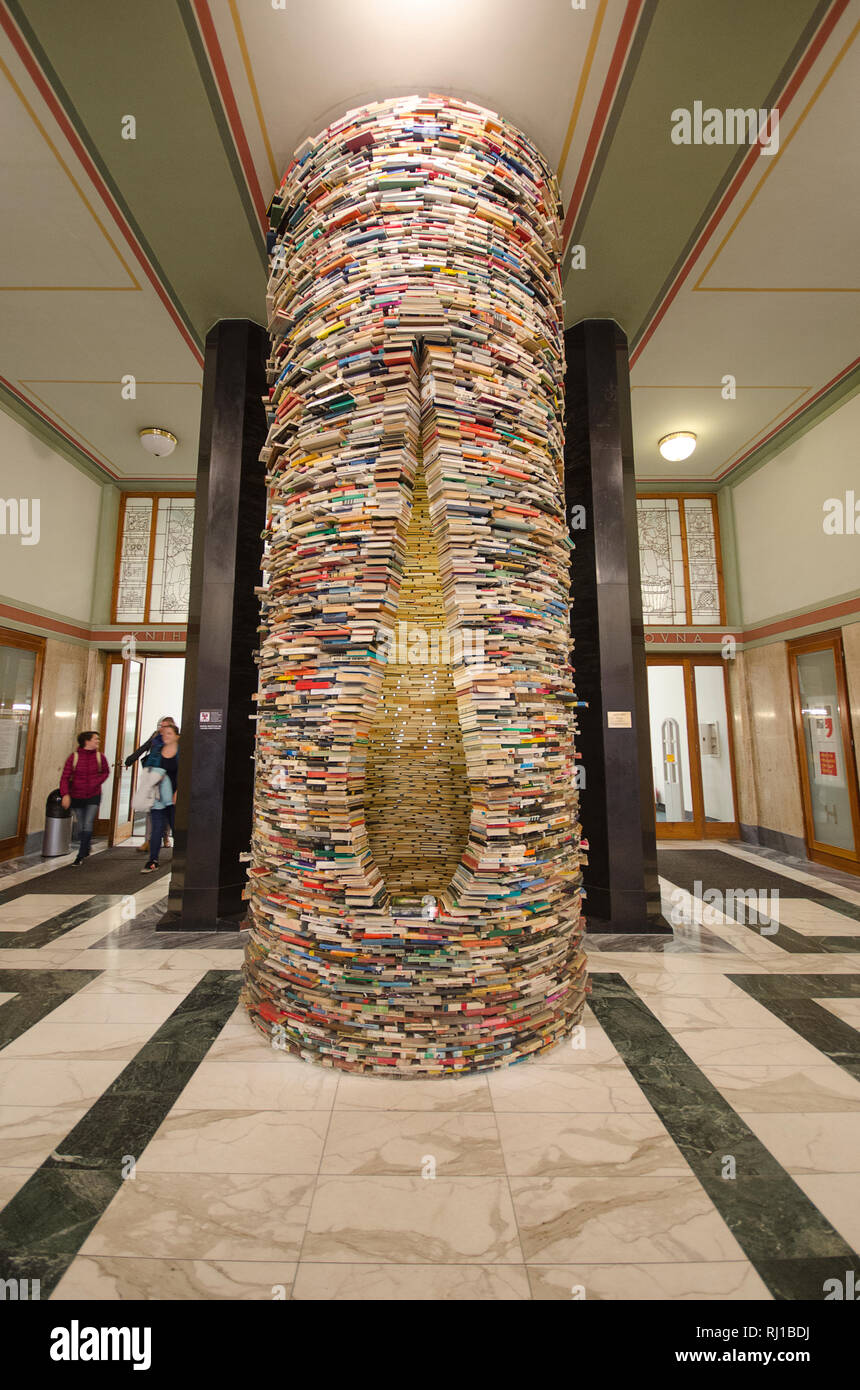 PRAGUE, CZECH REPUBLIC - a endless book tunnel tower in Prague's public ...