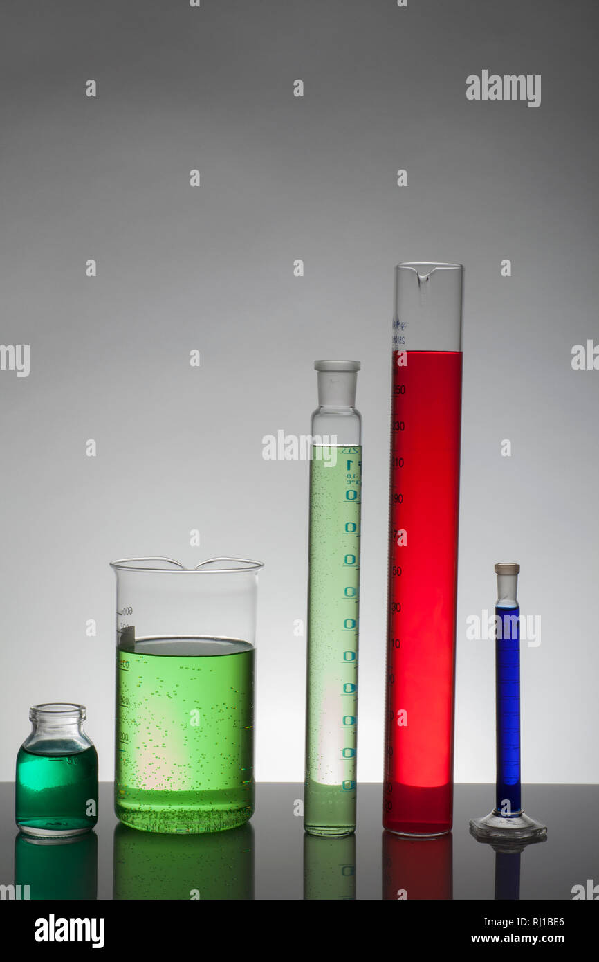 Liquid in laboratory bottles. Scientific biochemical laboratory ...