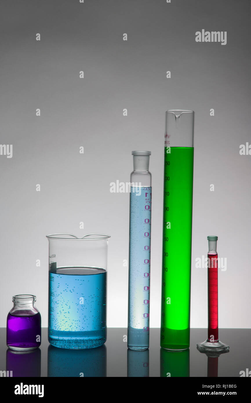 Liquid in laboratory bottles. Scientific biochemical laboratory ...