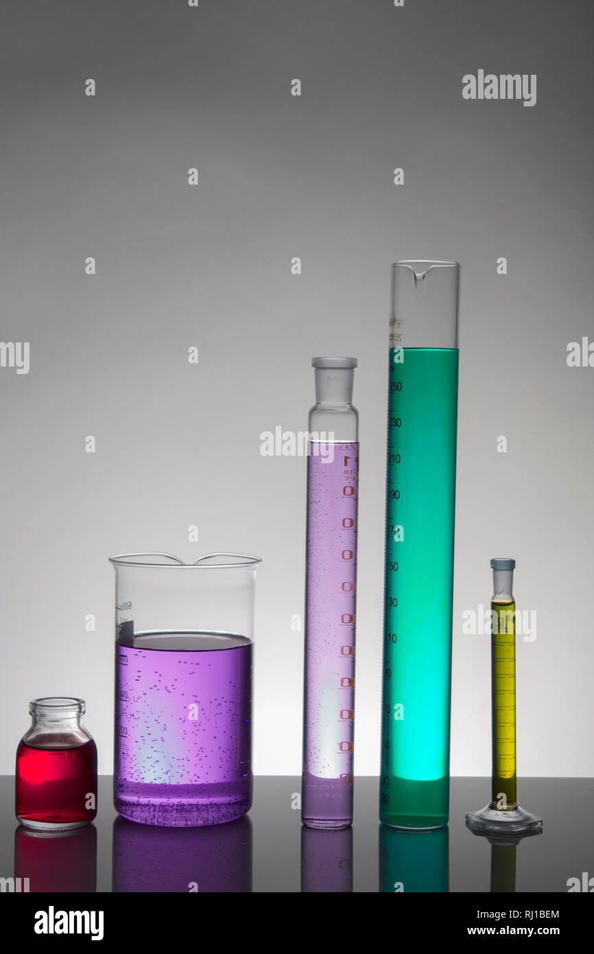Liquid in laboratory bottles. Scientific biochemical laboratory ...