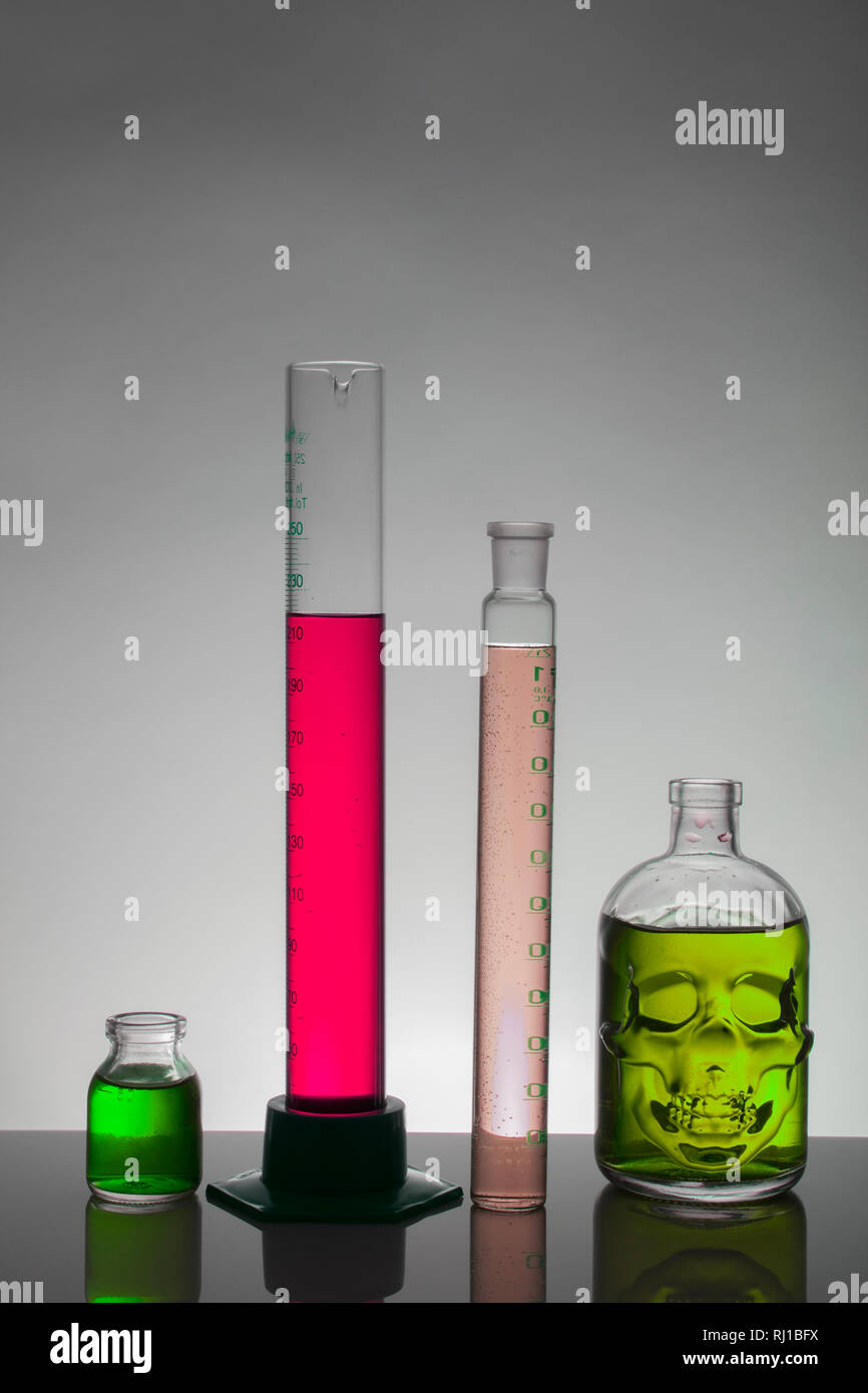 Liquid in laboratory bottles. Scientific biochemical laboratory ...