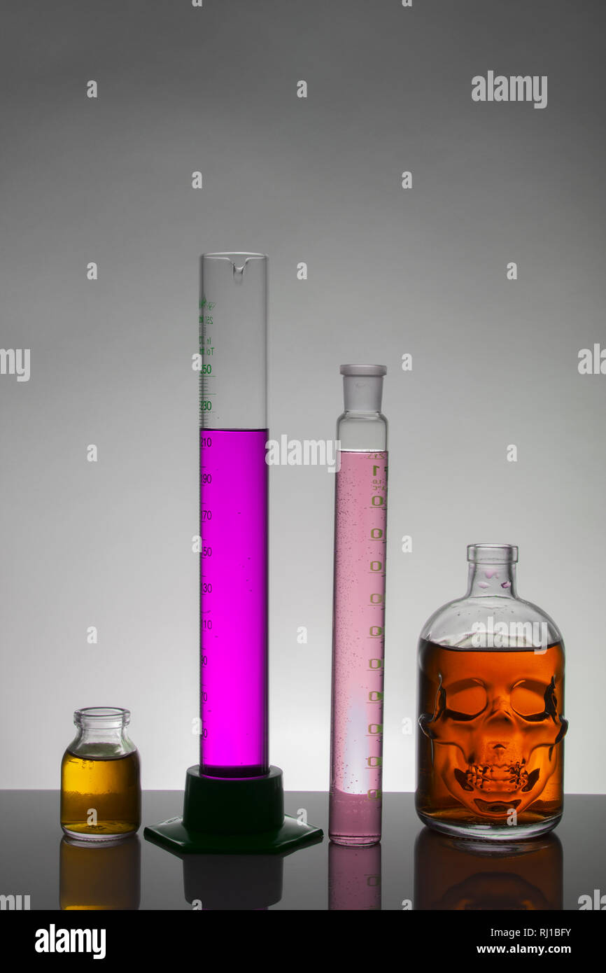 Liquid in laboratory bottles. Scientific biochemical laboratory ...