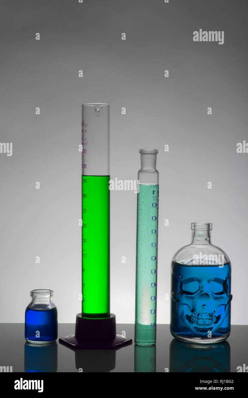 Liquid in laboratory bottles. Scientific biochemical laboratory ...