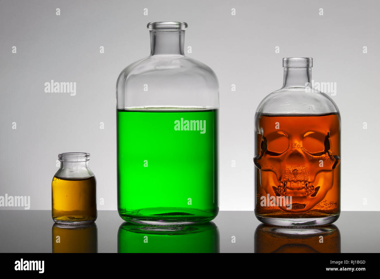 Liquid in laboratory bottles. Scientific biochemical laboratory ...