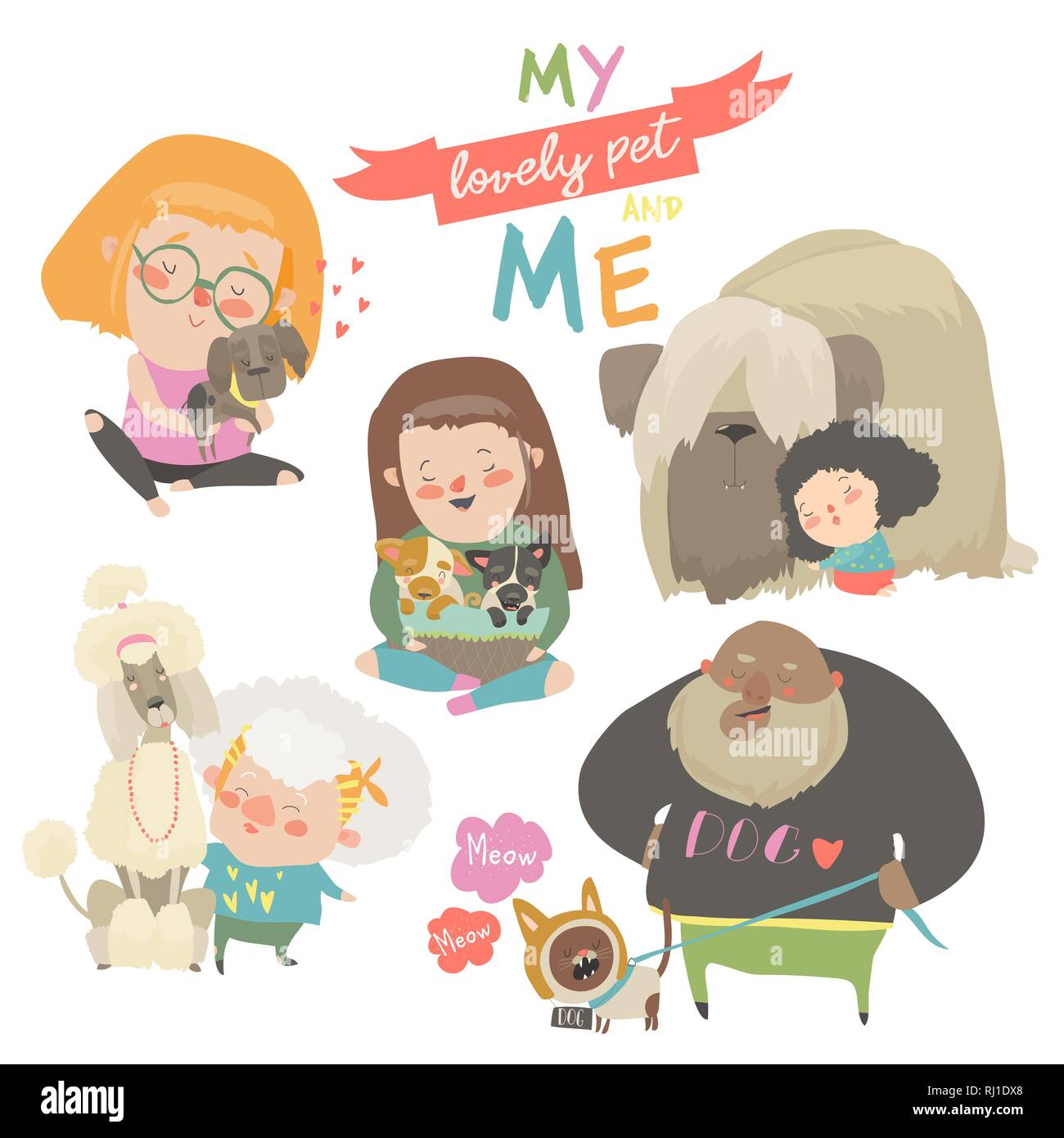 Cute pets with their owners. Funny cartoon dogs Stock Vector Image ...