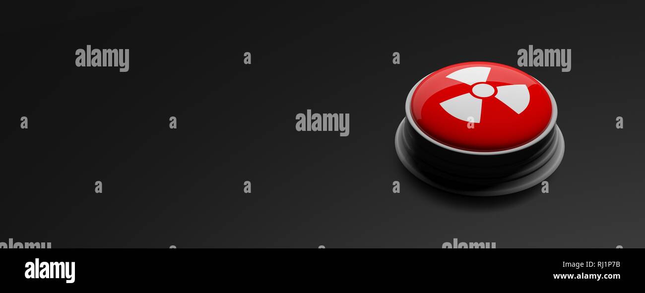 Nuclear threat. Red button with radiation warning symbol on black ...