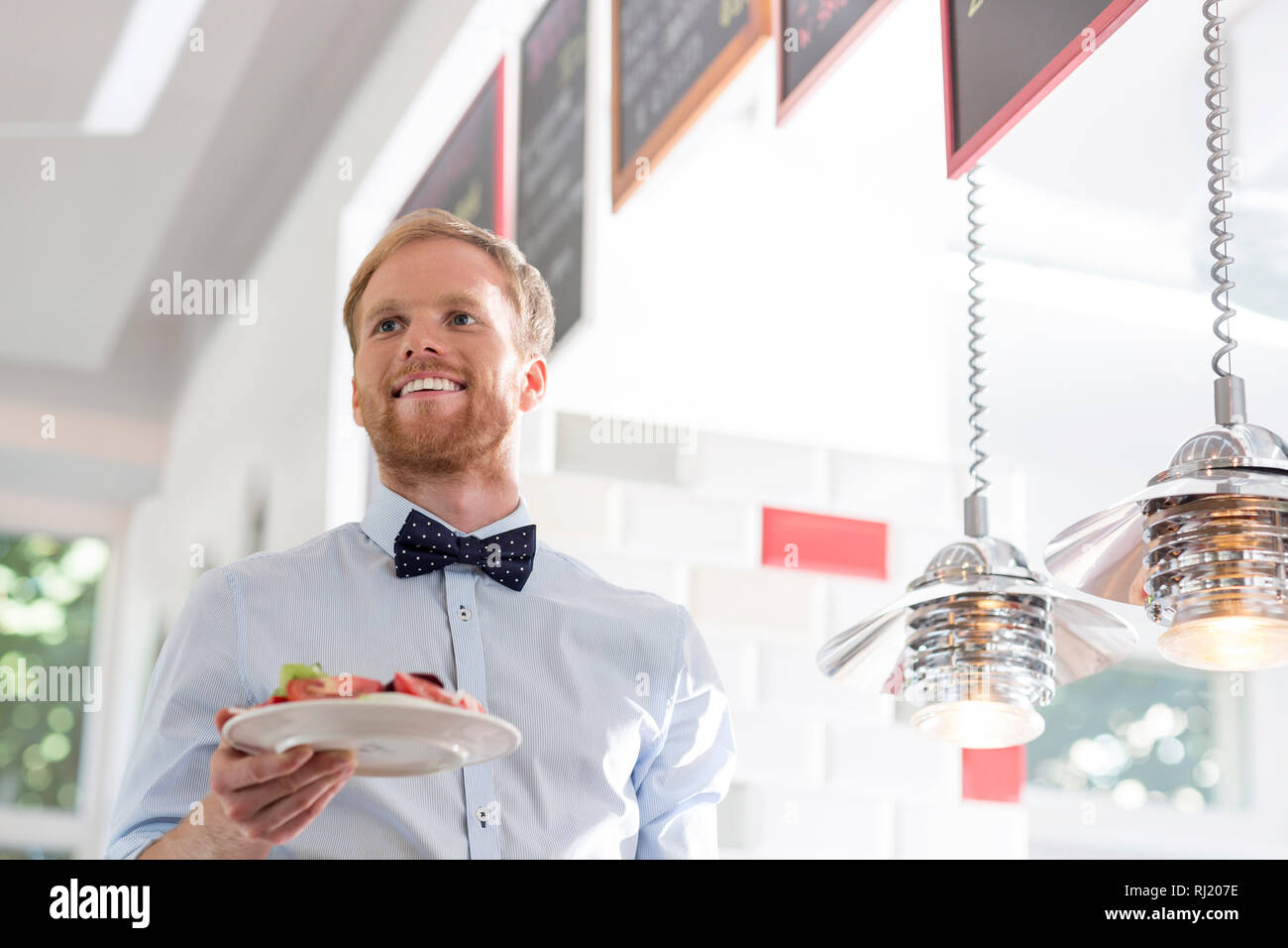 Smiling young waiter holding salad plate by pendant lights at ...