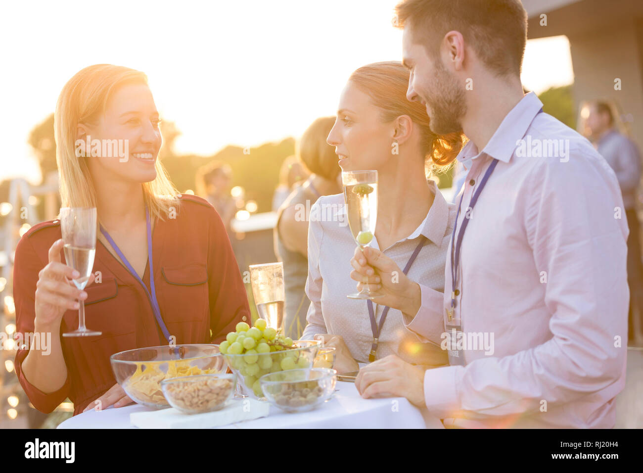 Young business colleagues talking during rooftop party Stock Photo - Alamy
