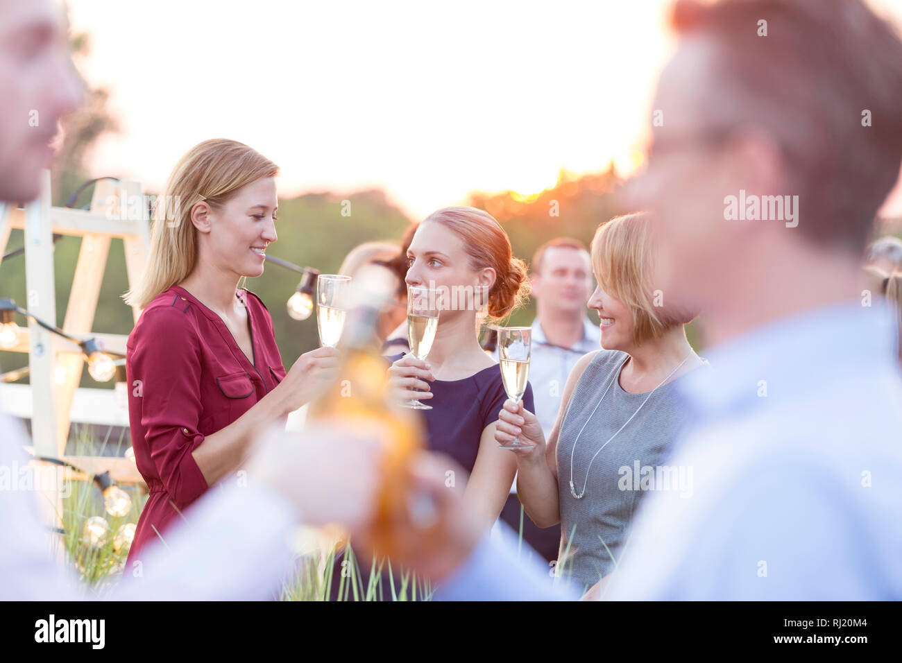 Business colleagues enjoying success party on rooftop during sunset ...