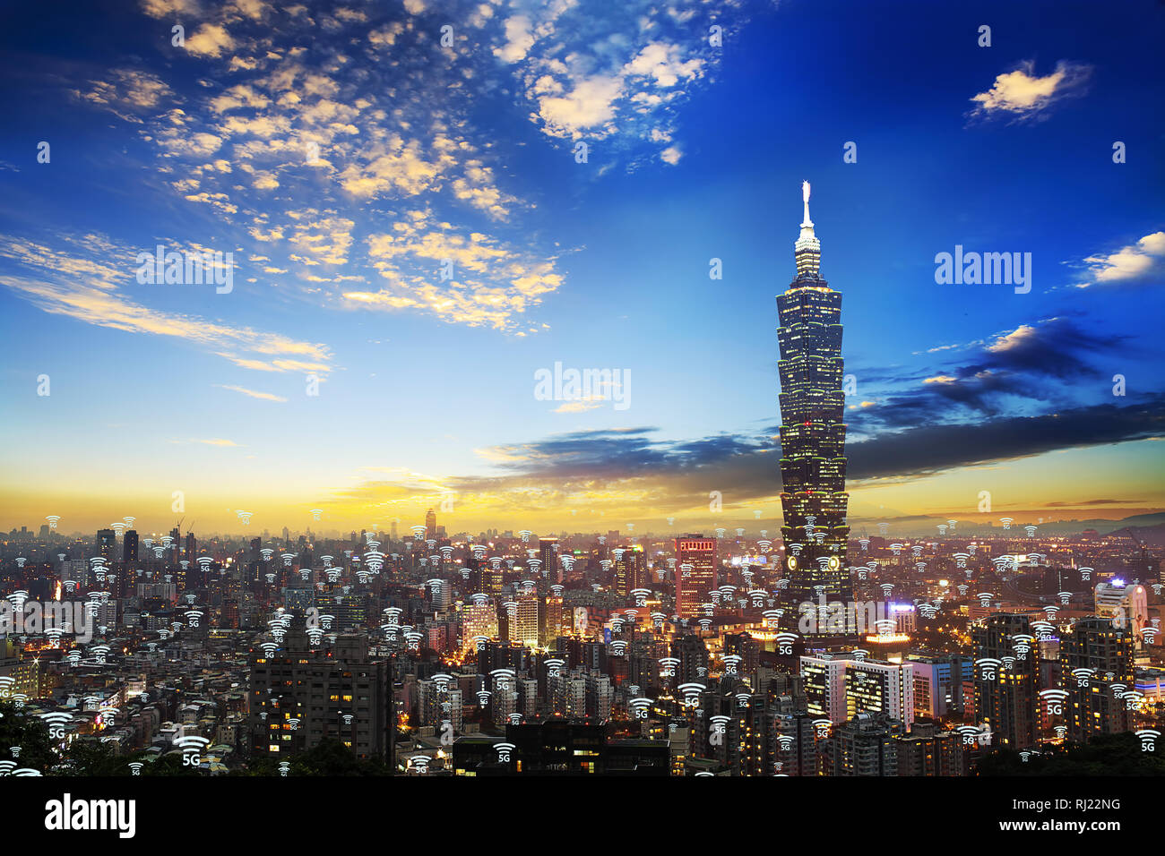 The Network connection technology in the city, with 5g internet ...