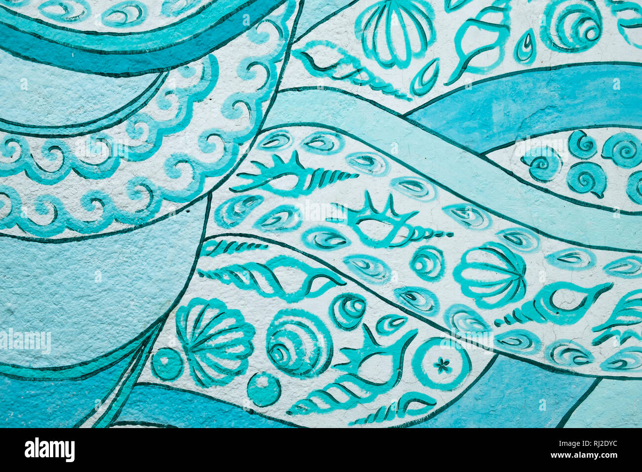 Blue graffiti painting on wall, sea shells and waves, watercolor ...