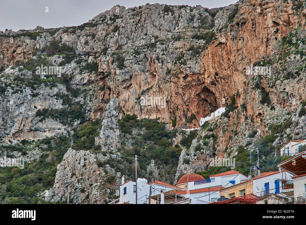 Tele photo view of the Holy Monastery of Zoodochos Pighi. Located over ...