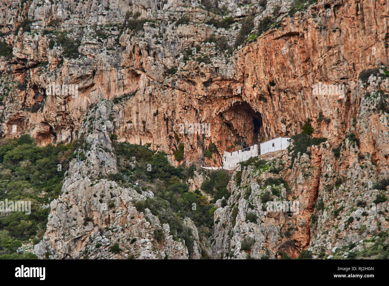 Tele photo view of the Holy Monastery of Zoodochos Pighi. Located over ...